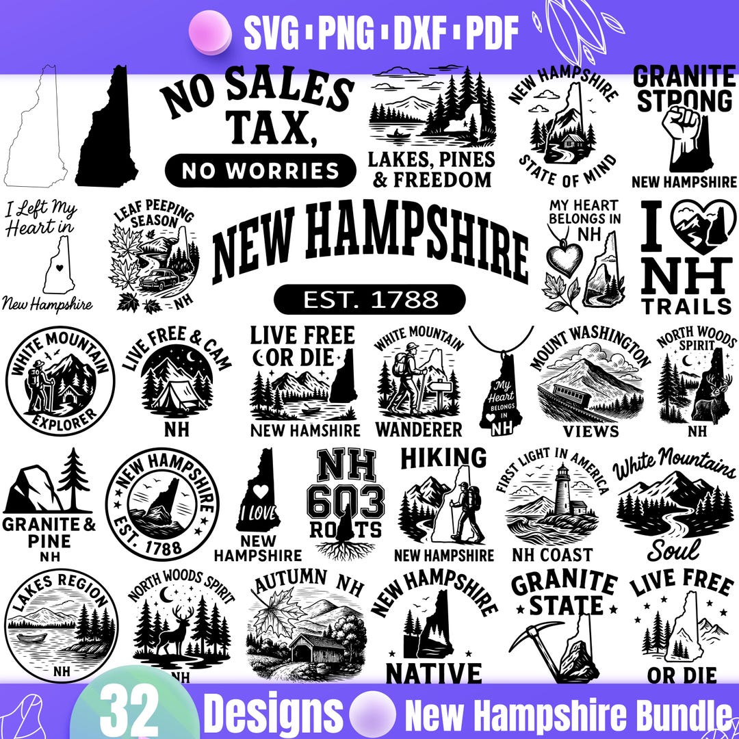 New Hampshire SVG Bundle | 32 New Hampshire State Designs | White ...