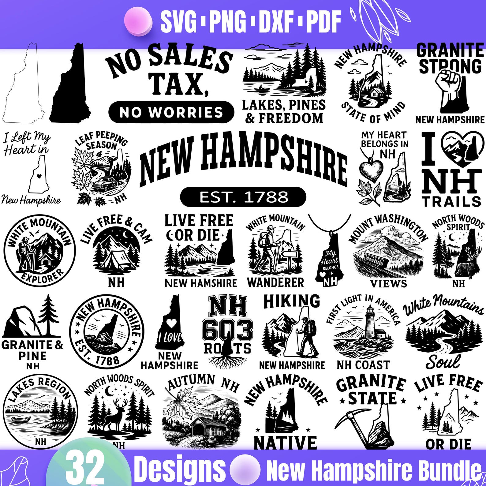New Hampshire SVG Bundle | 32 New Hampshire State Designs | White ...