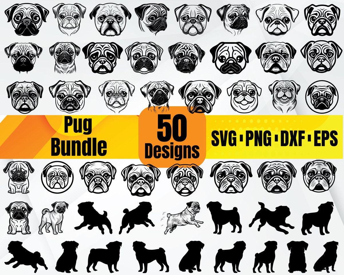 High Quality Pug SVG Bundle, Pug Dog Svg, Pug Face Svg, Pug Dxf, Pug ...