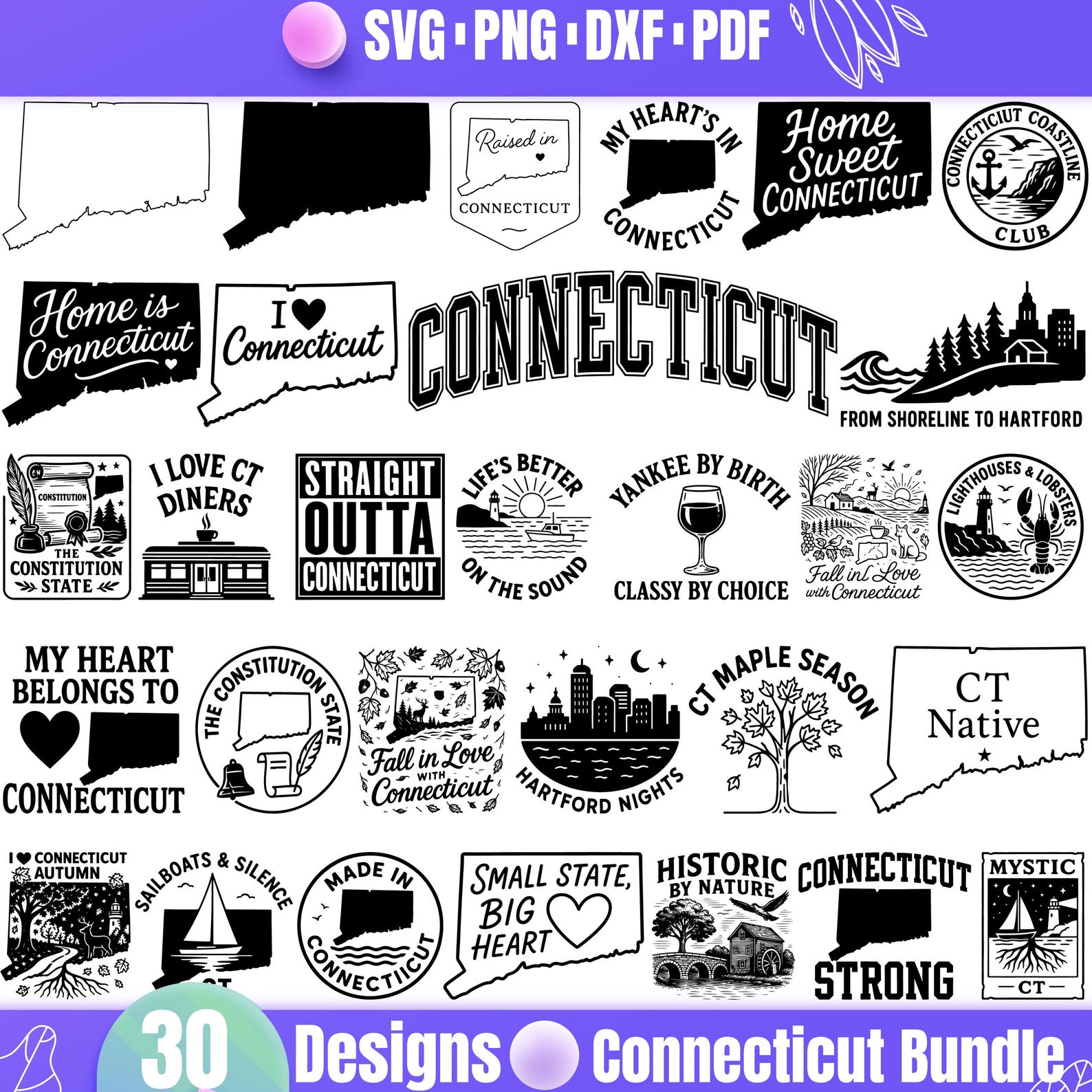 Connecticut SVG Bundle | 30 Connecticut State Designs | Maple Season ...