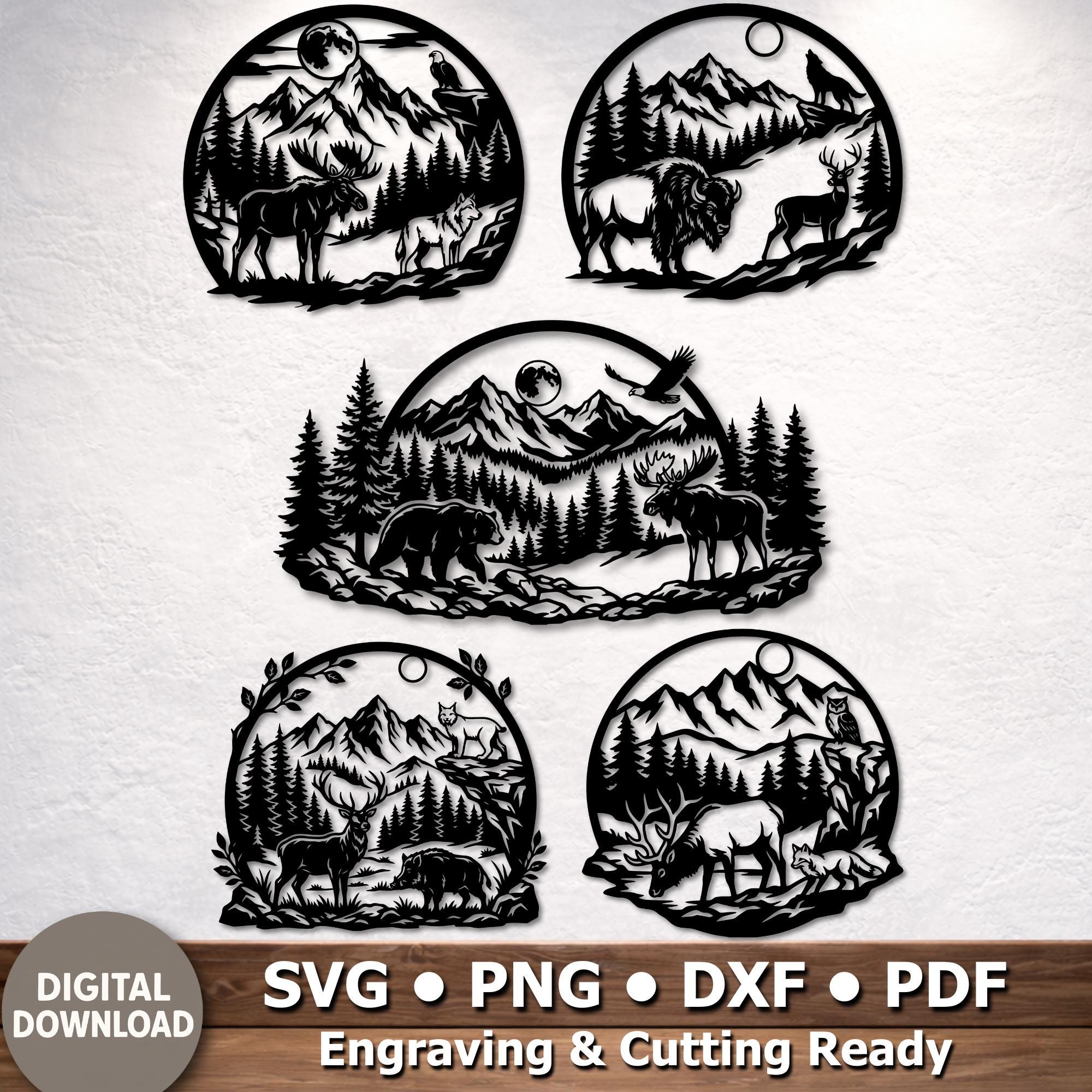 Wildlife Forest Mountain Scene SVG DXF – Bear, Deer, Wolf, Bison, Elk ...