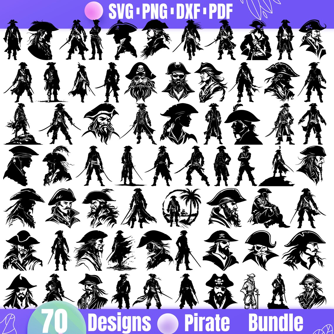 70 Pirate Bundle SVG, Pirate Silhouette Clipart, Captain Portrait PNG ...