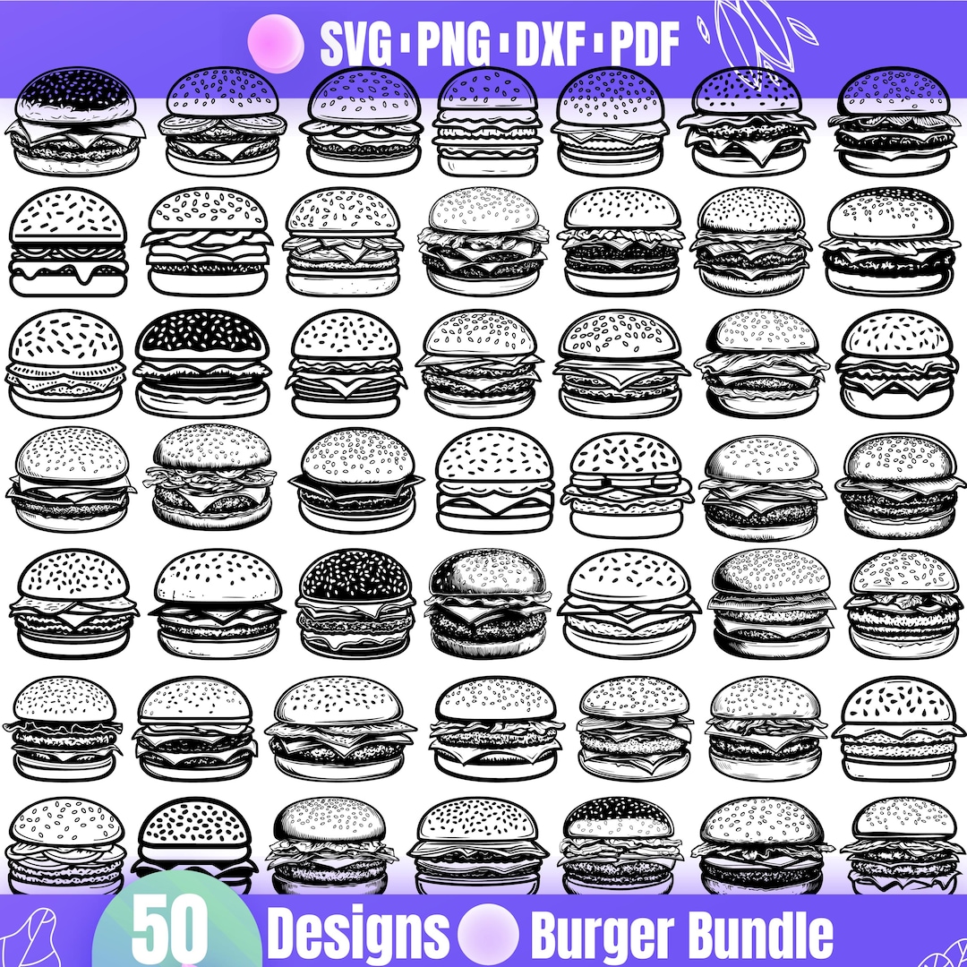 50 Burger SVG Bundle – Fast Food Cheeseburger Clipart, Sandwich ...