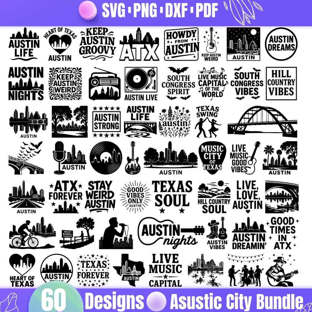 Austin SVG Bundle | 60 City Clipart Designs | Live Music Capital Vector ...