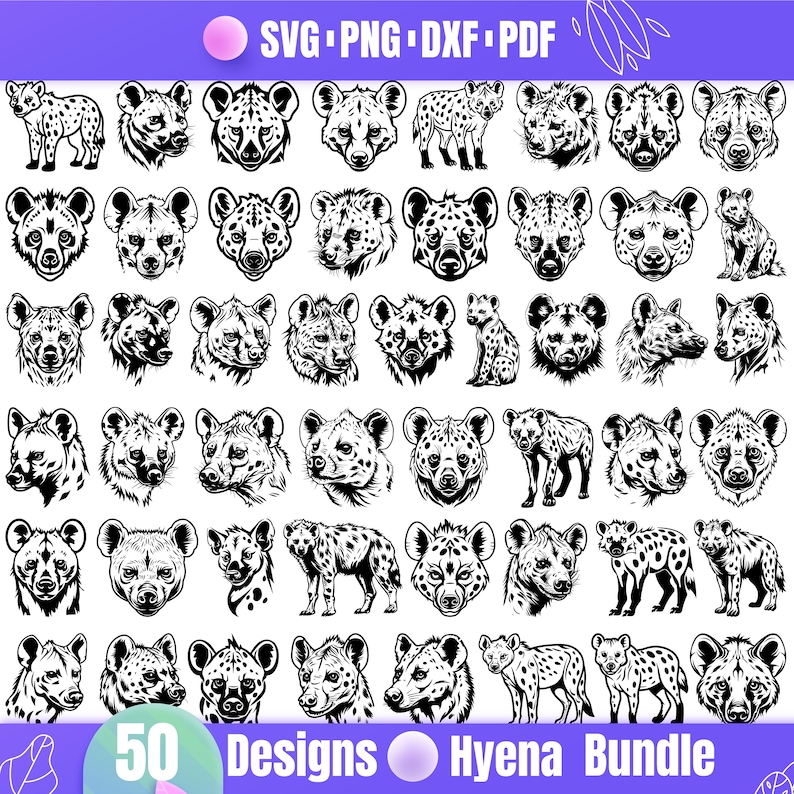 Hyena SVG Bundle - 50 Wild Animal Silhouette & Line Art Designs for ...