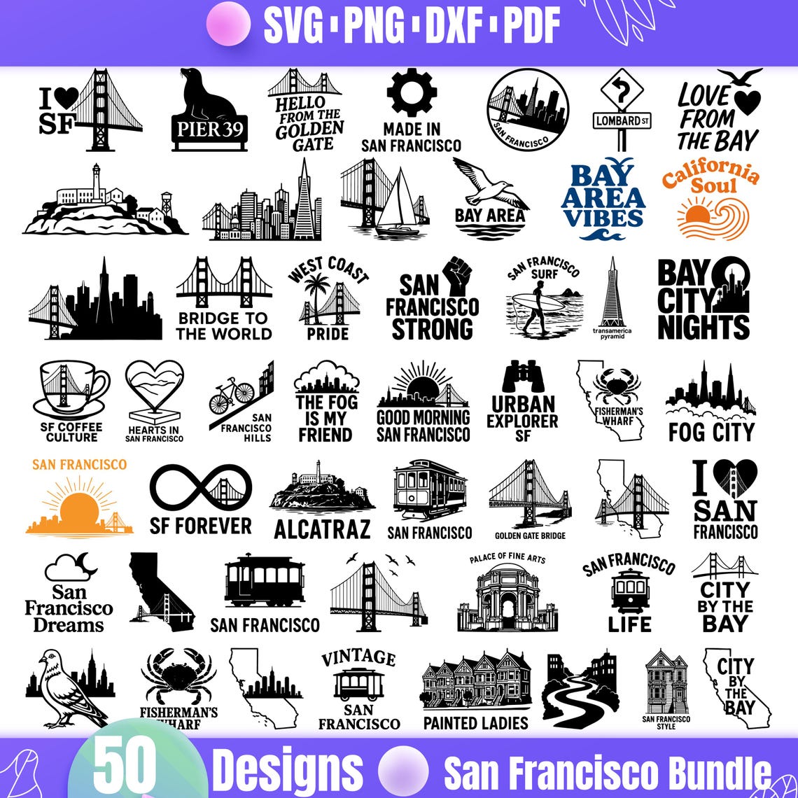 San Francisco SVG Bundle | 50 Bay Area Clipart Designs | Golden Gate ...