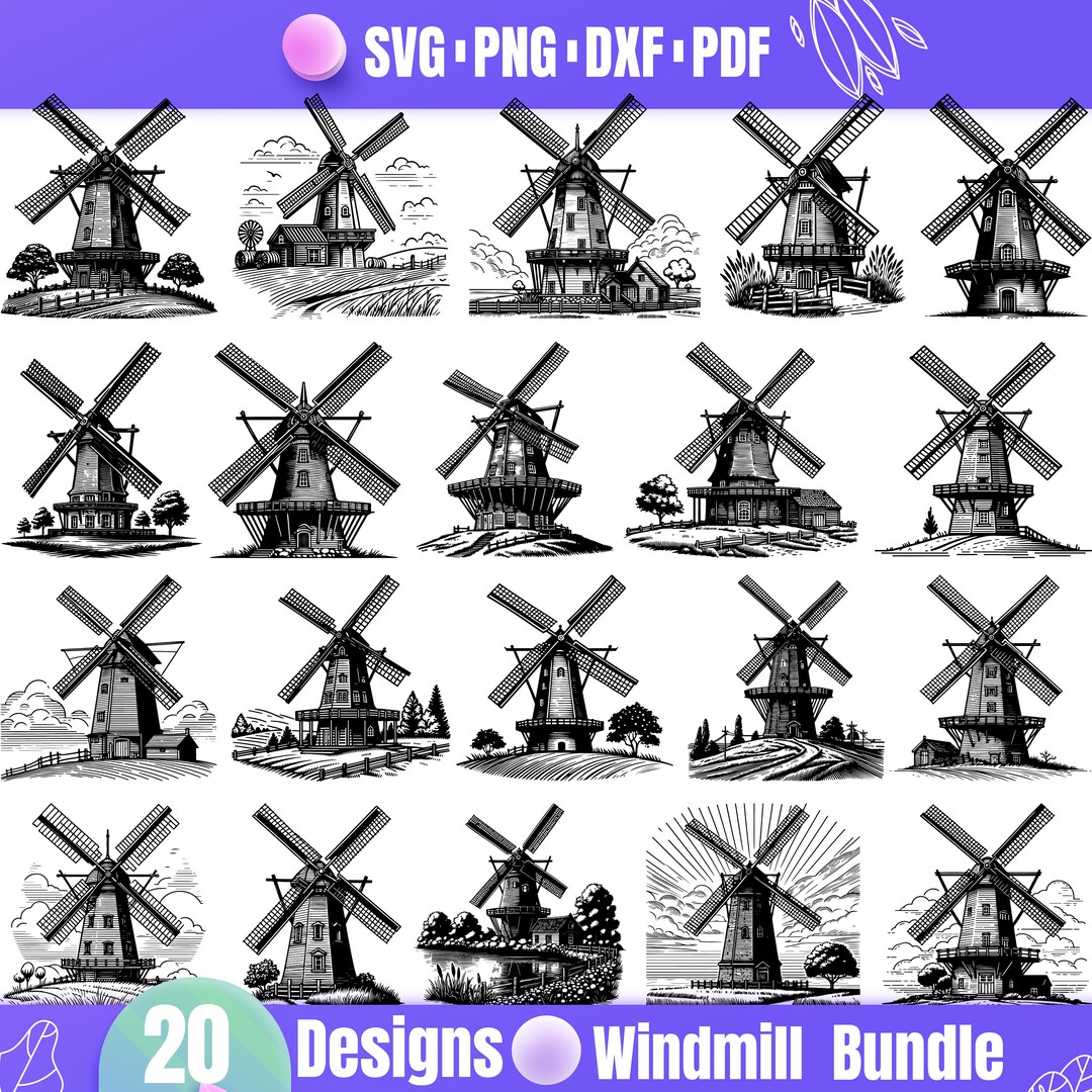 20 Windmill Silhouette Bundle SVG, Farmhouse Windmill Clipart, Dutch ...