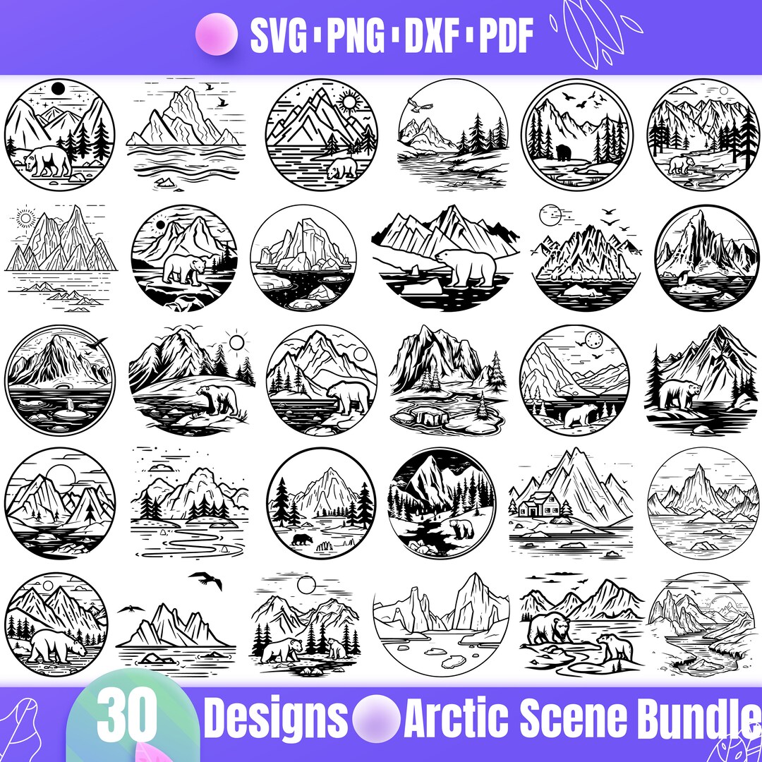 Arctic Scene SVG Bundle - 30 Polar Landscape Designs With Mountains ...