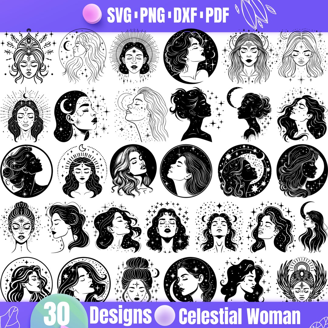 Celestial Woman SVG Bundle, 30 Mystical Goddess Designs, Moon & Stars ...