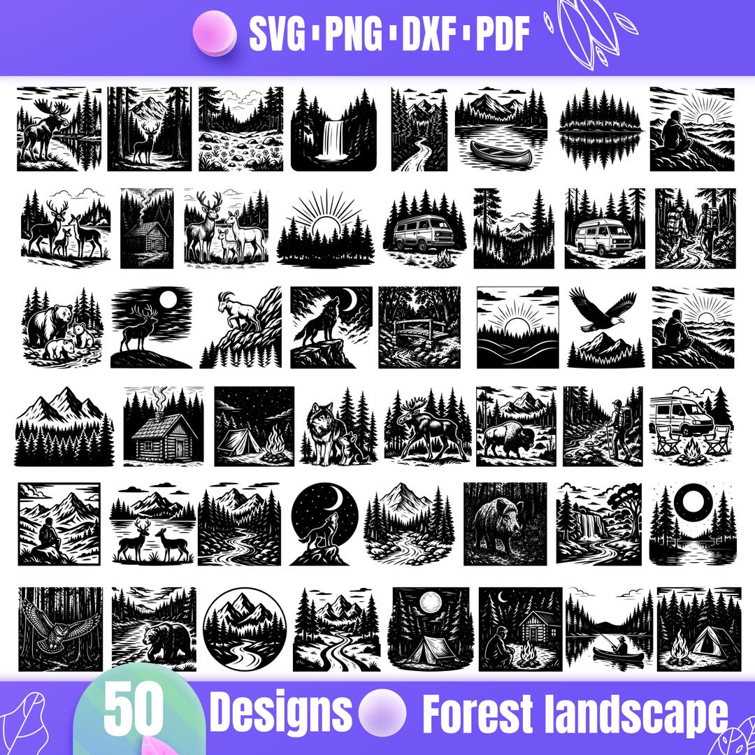 Forest Landscape SVG Bundle | 50 Mountain & Wildlife Scene Clipart ...