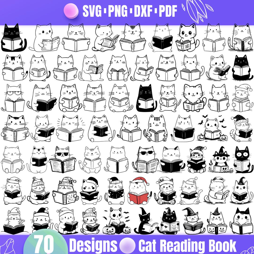 High Quality Cat Reading Book SVG Bundle, Cat With Book Clipart, Cat ...