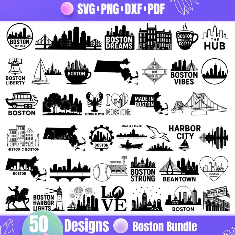 Boston SVG Bundle | 50 Massachusetts City Clipart Designs | Boston ...