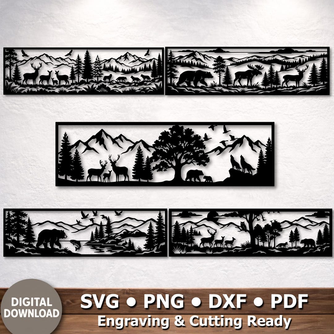 Wildlife Mountain Panel SVG DXF, Deer, Bear, Wolf, Moose, Birds Forest ...