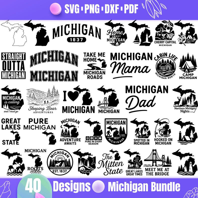 Michigan SVG Bundle | 40 Michigan State Designs | Png, Dxf, Pdf | Great ...