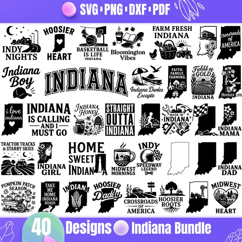 Indiana SVG Bundle | 40 Indiana State Designs | Hoosier State, Midwest ...