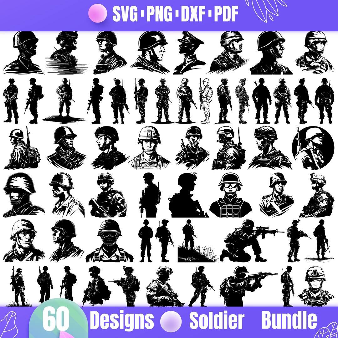 60 Soldier SVG Bundle, Military Silhouette DXF, Army Veteran Laser Cut ...