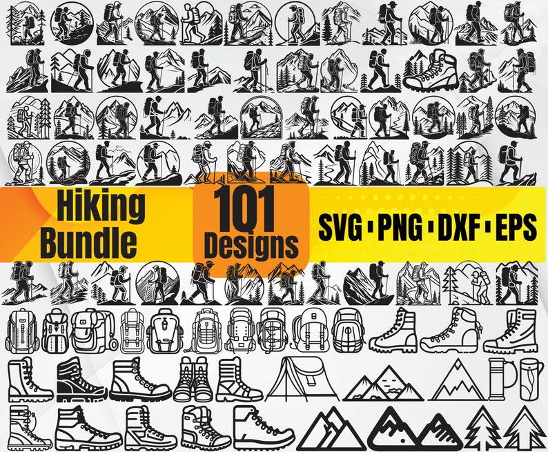 Hiking SVG Bundle, Adventure Mountain Silhouette, Hiker Clipart ...