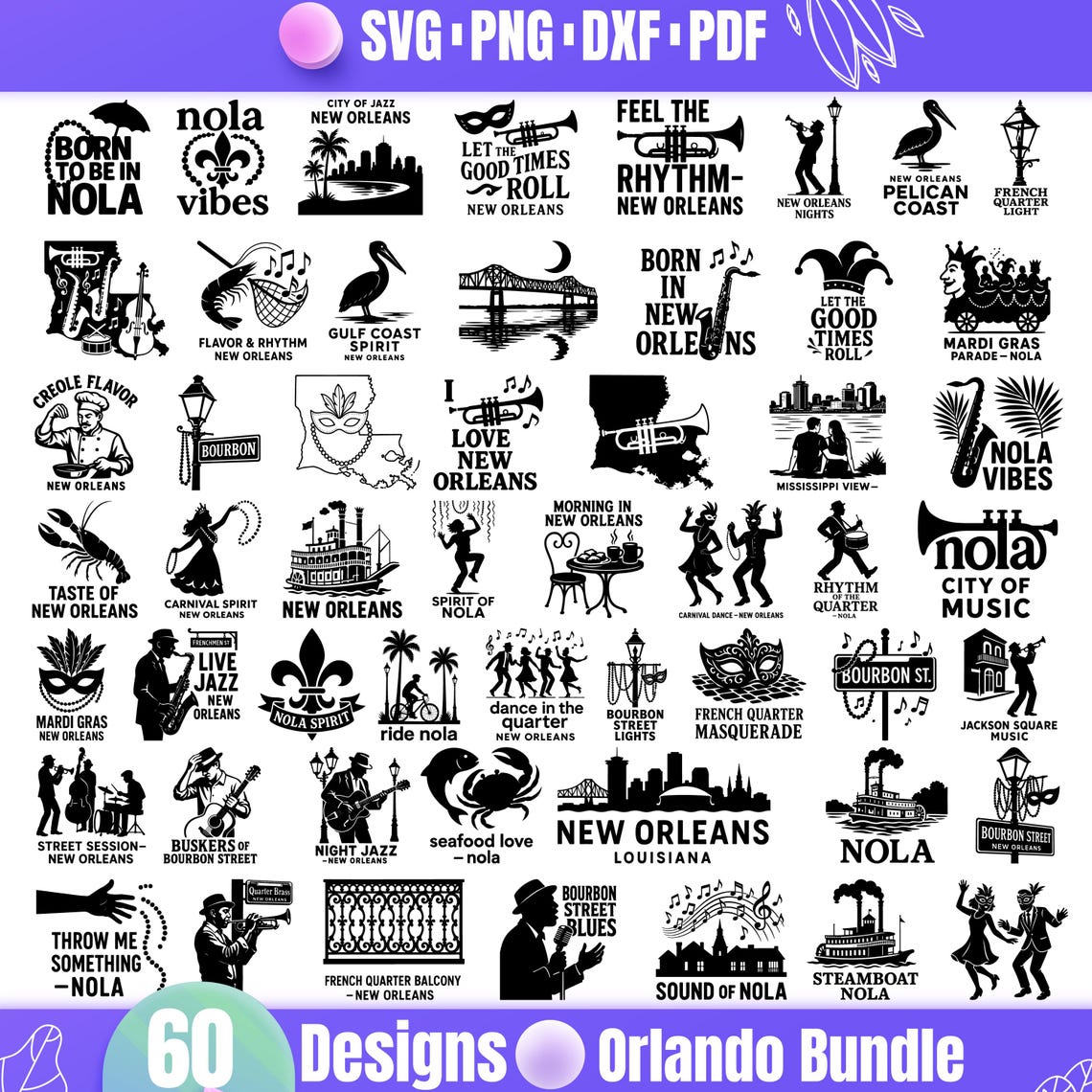 New Orleans SVG Bundle | 60 City Clipart Designs | NOLA Jazz Vector ...