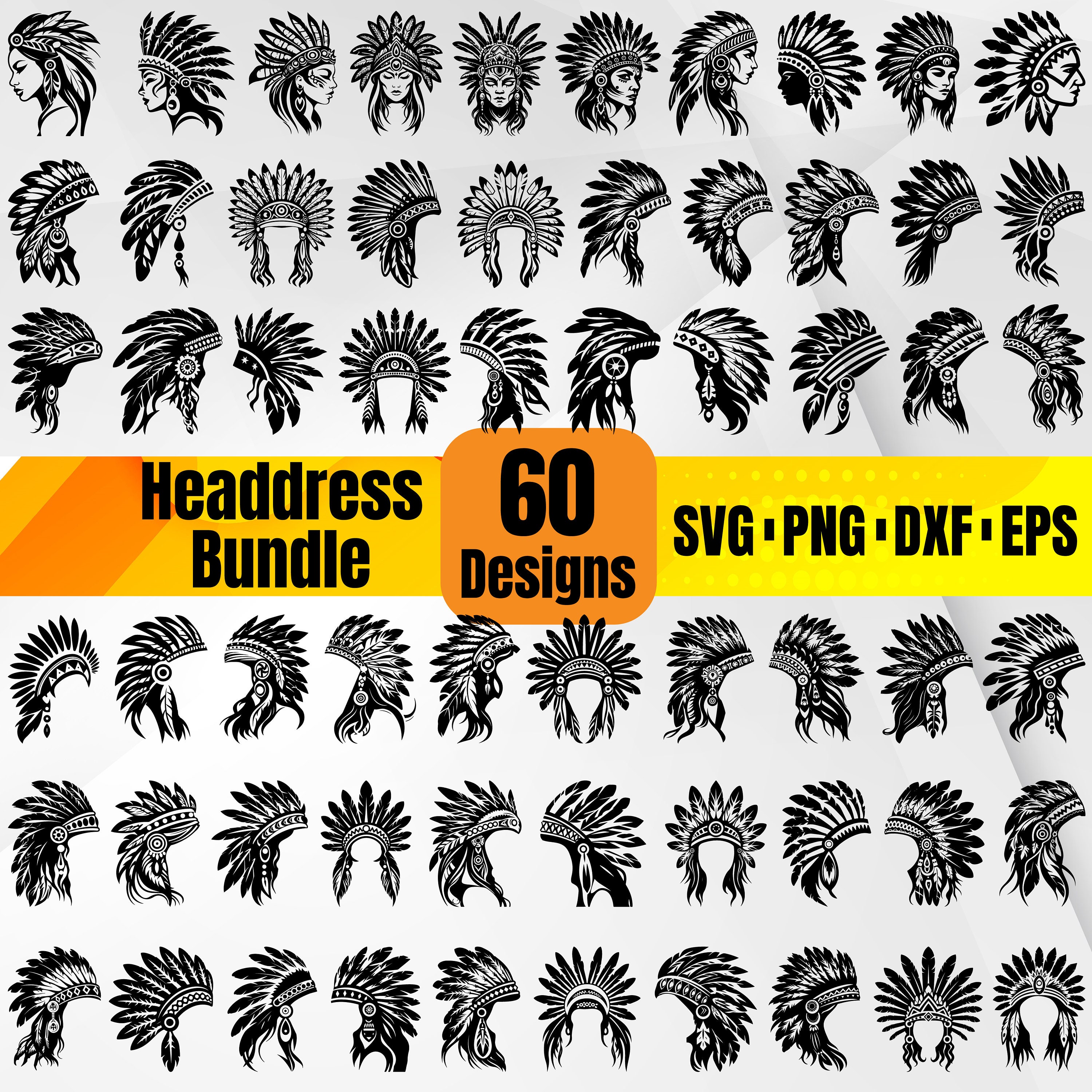 60 Headdress Bundle SVG, Native American Style Headdress Clipart ...