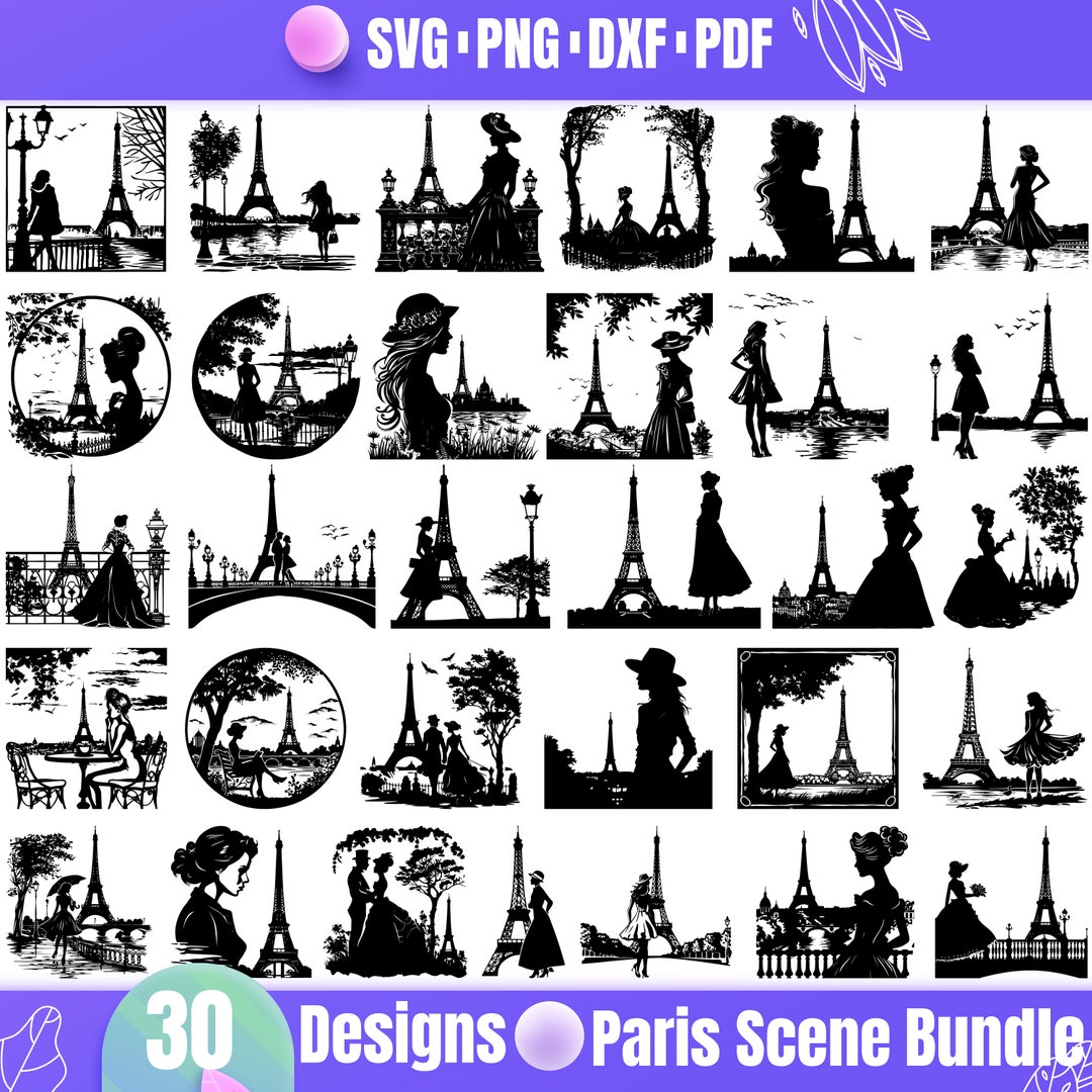 Paris Scene SVG Bundle, 30 Eiffel Tower Silhouette Designs, Romantic ...