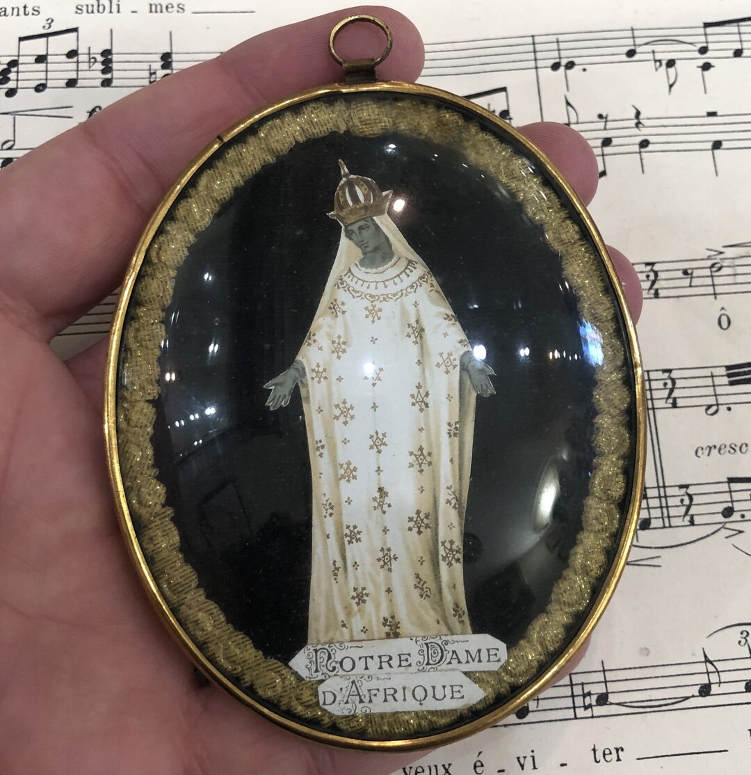 Rare Antique French Reliquary / Ex Voto Our Lady of Africa Under Glass ...