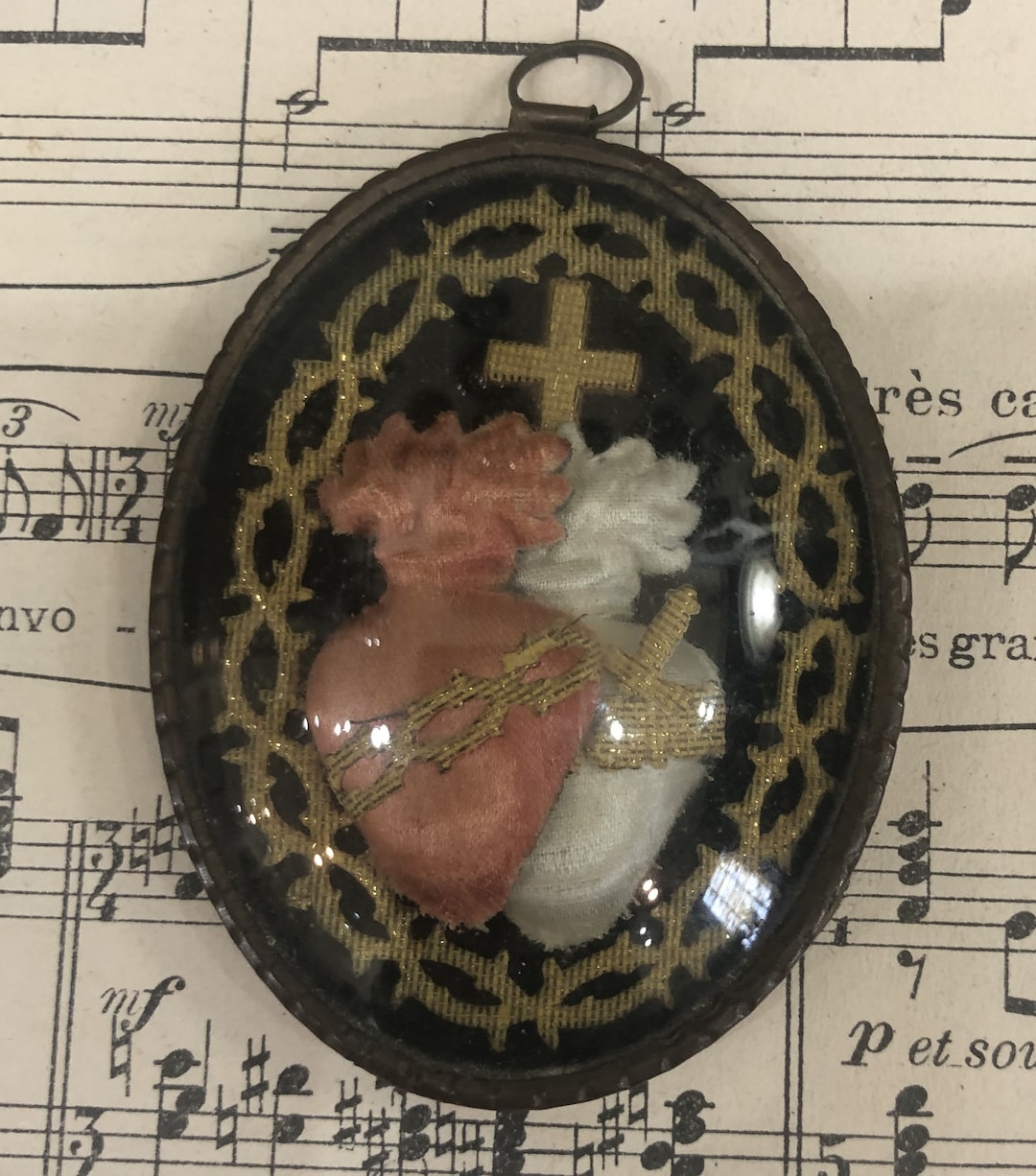 Rare Small Antique French Reliquary / Ex Voto Sacred Heart Domed Glass ...