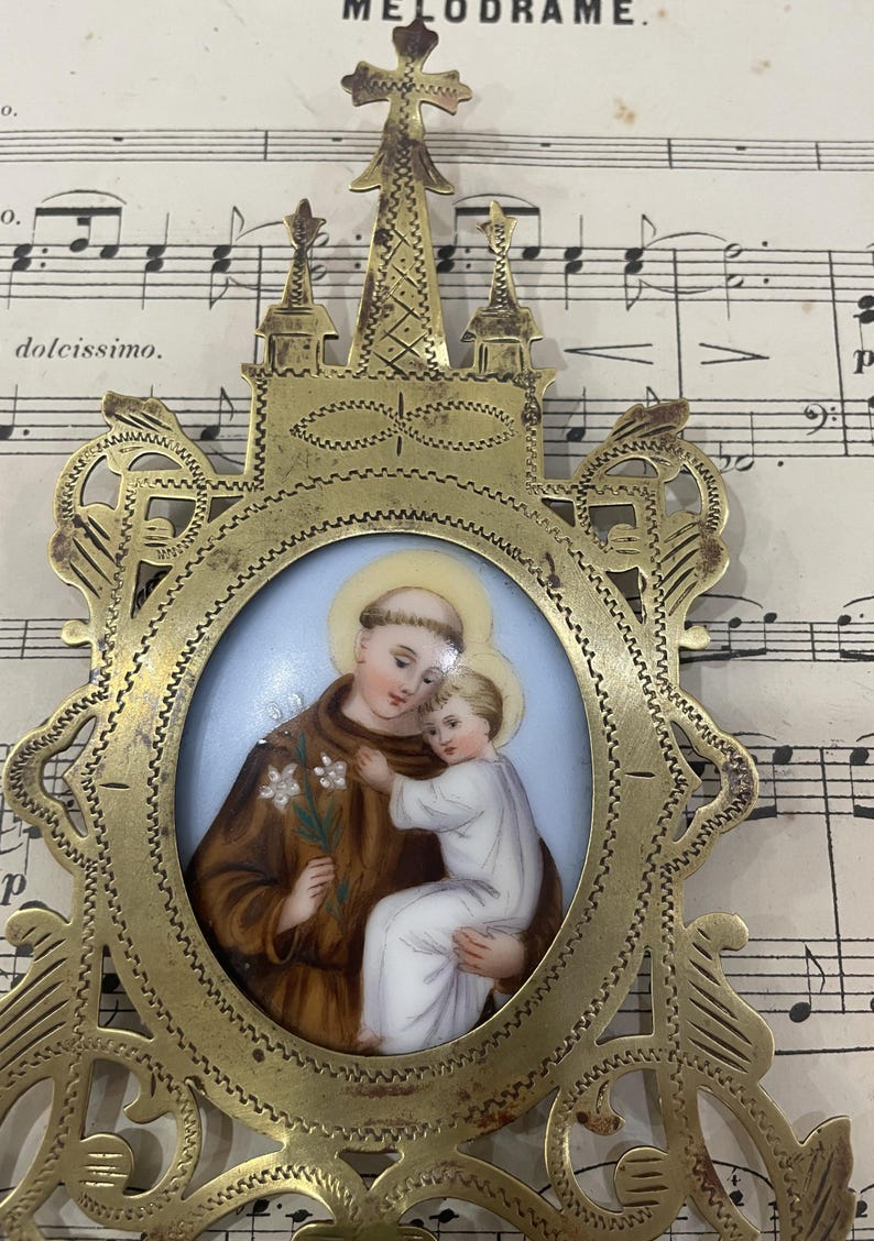 Rare Antique French St. Anthony Hand Painted Porcelain Holy Water Font ...