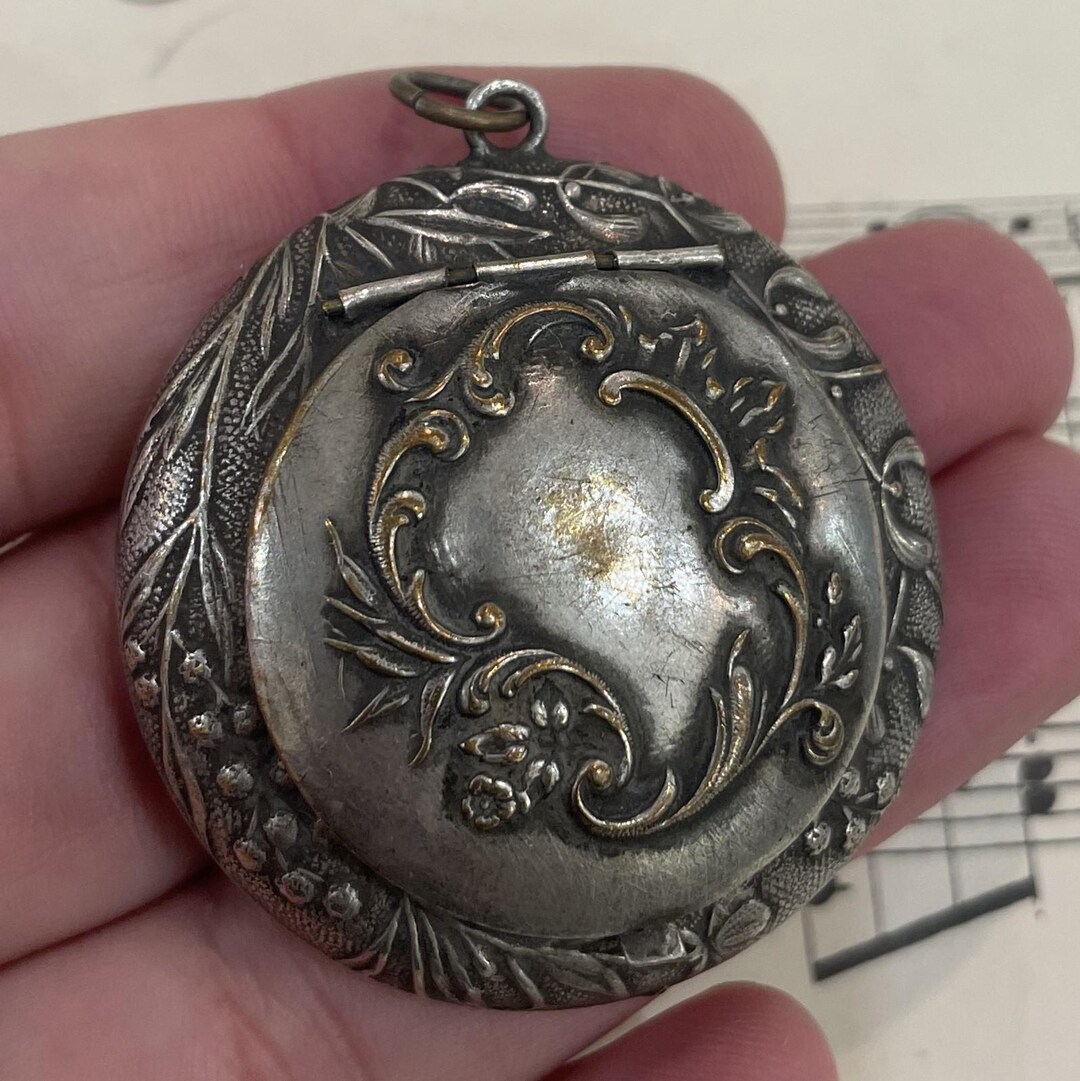 Antique French Art Nouveau Silver Plated Pill Box Compact Rouge Flowers ...
