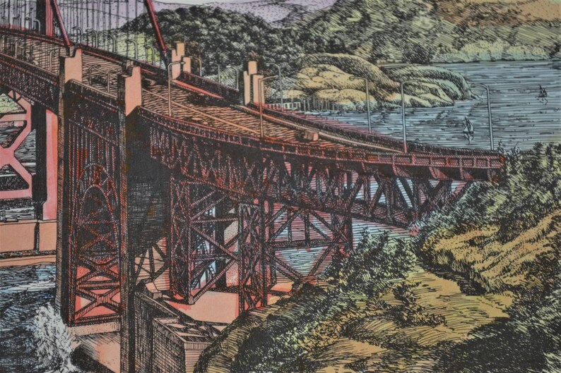 Hand-Coloured Golden Gate Bridge Lithograph signed by artist | Etsy