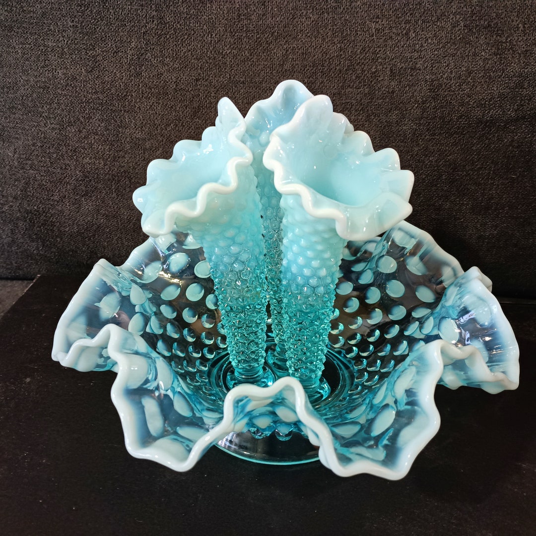 Fenton Blue Opalescent Hobnail Three Horn Trumpet Epergne Vase - Etsy