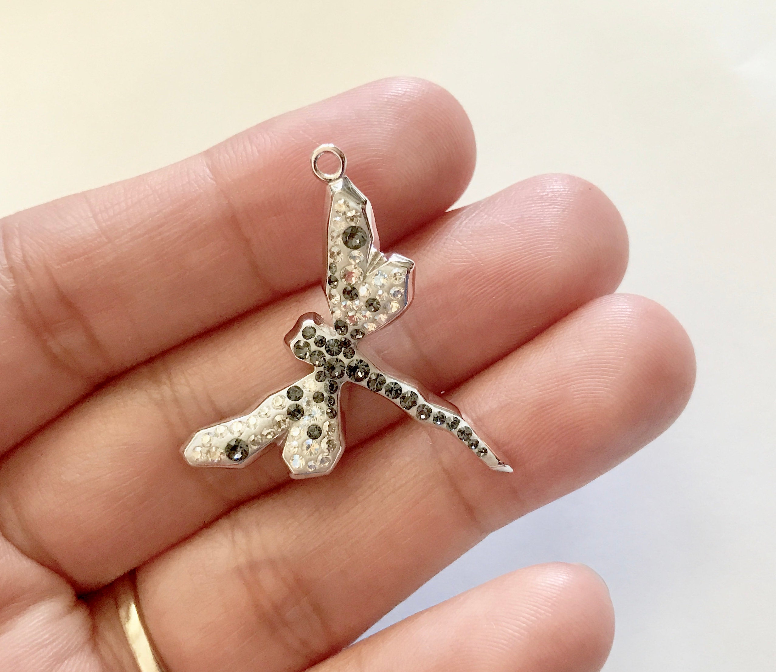 Big Genuine Swarovski Pave Dragonfly Pendant in Silver Night