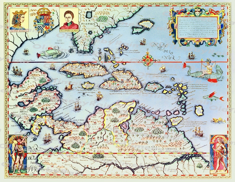 Vintage ancienne carte des îles des Caraïbes et de la Floride ...