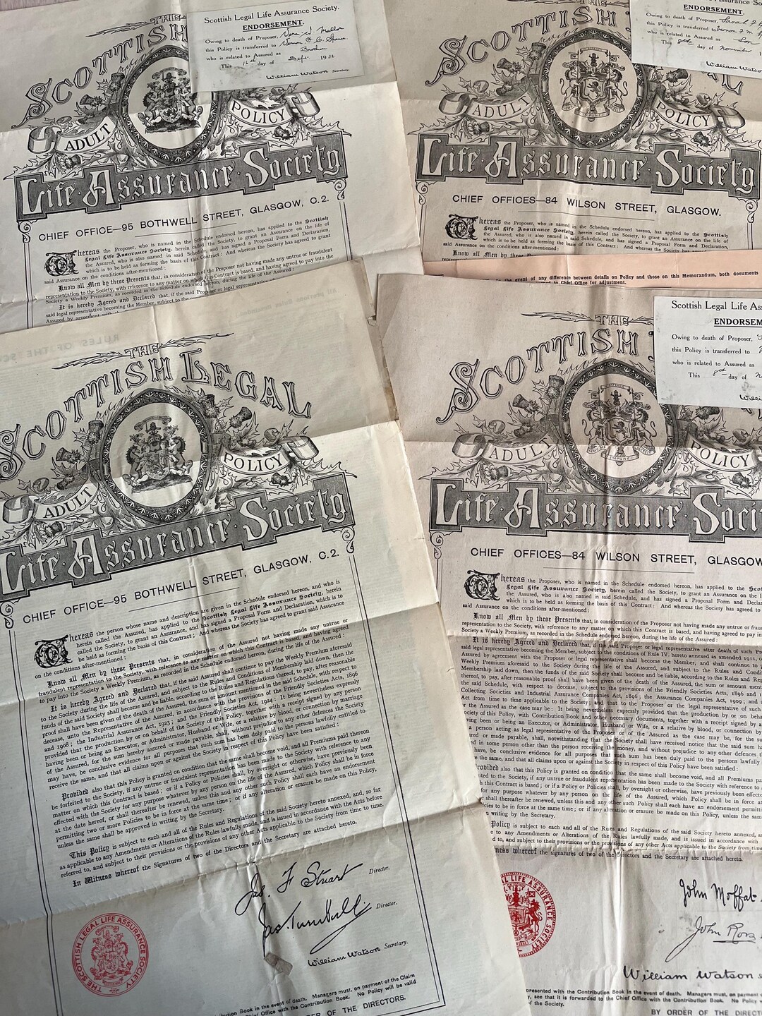 Collection of Large Scottish Life Assurance Society Documents. - Etsy