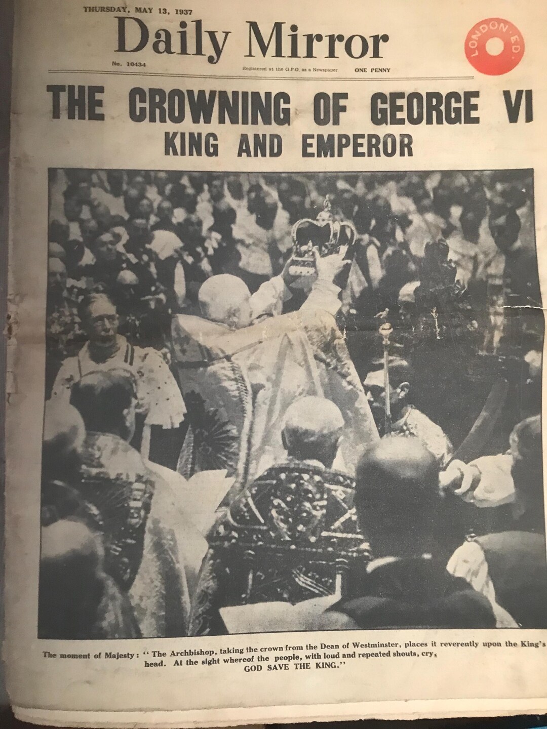 The Crowning of George VI 1937 Daily Mirror London Edition Original ...