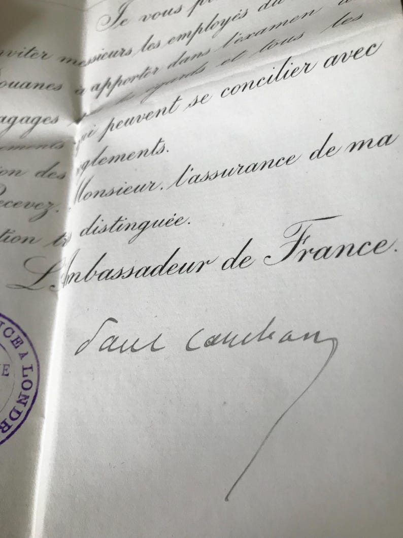 1915 Vintage French Ambassadeur Signed Letter. - Etsy