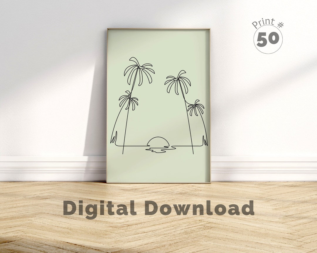 Coastal Wall Art Print, Fine Line Printable Art, Boho Beach Print, Palm ...