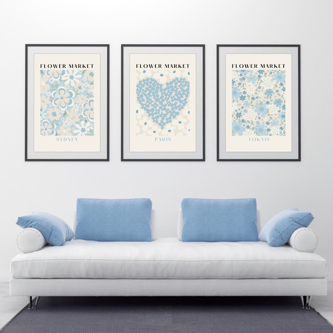 Light Blue Flower Market Print Set of 3 Pastel Wall Art Dusty Blue Wall ...