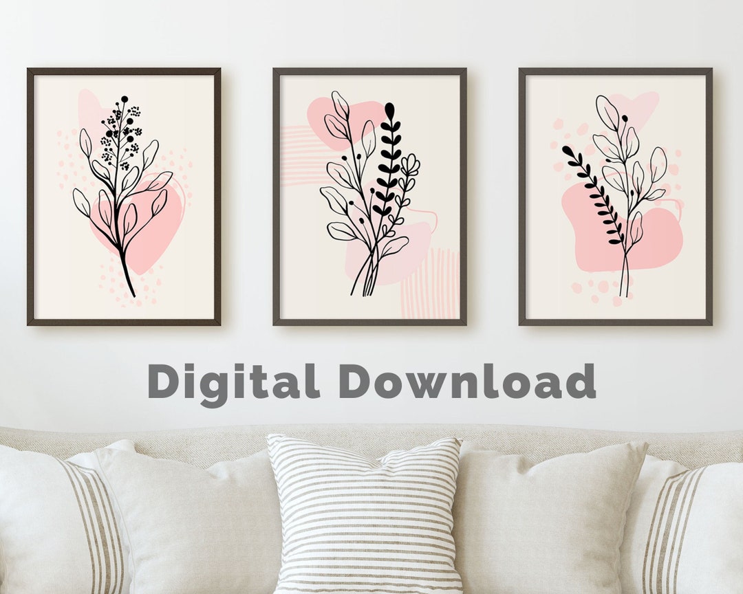 Set of 3 Blush Pink Botanical Prints, Pink Fineline Wall Art, Pink ...