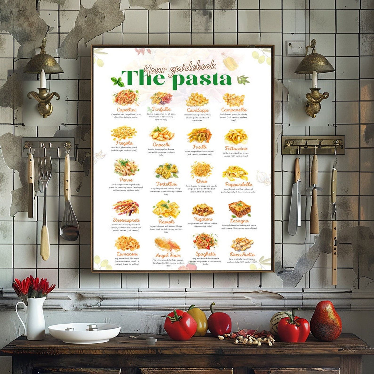 Pasta Poster, Kitchen Decor, Food Art, Educational Poster, Gift for ...