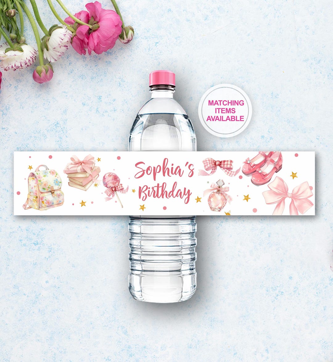 PINK BOW Label Water Bottle, Coquette Bottle Label Wrapper Birthday ...