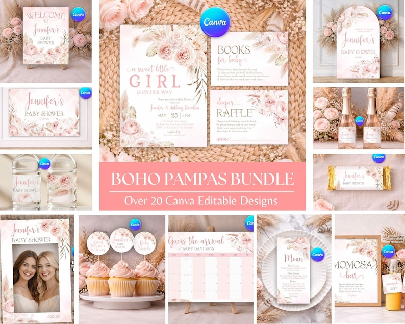 Pampas Boho Baby Shower Bundle | Neutral Blush Editable Canva Templates ...