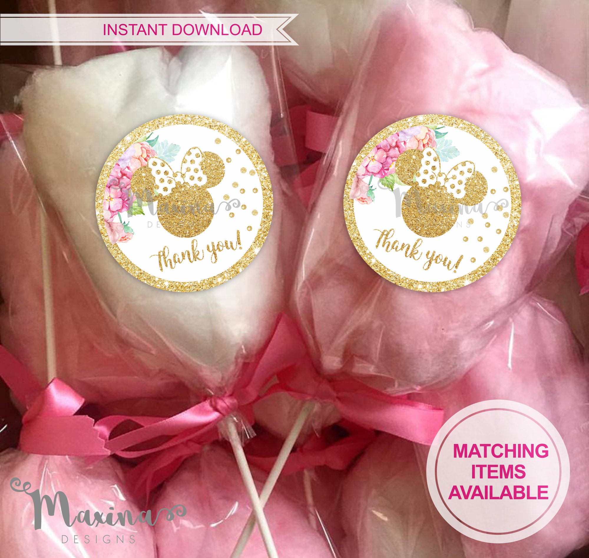Minnie Mouse Thank You Favor Stickers, Birthday Party (digital Download ...