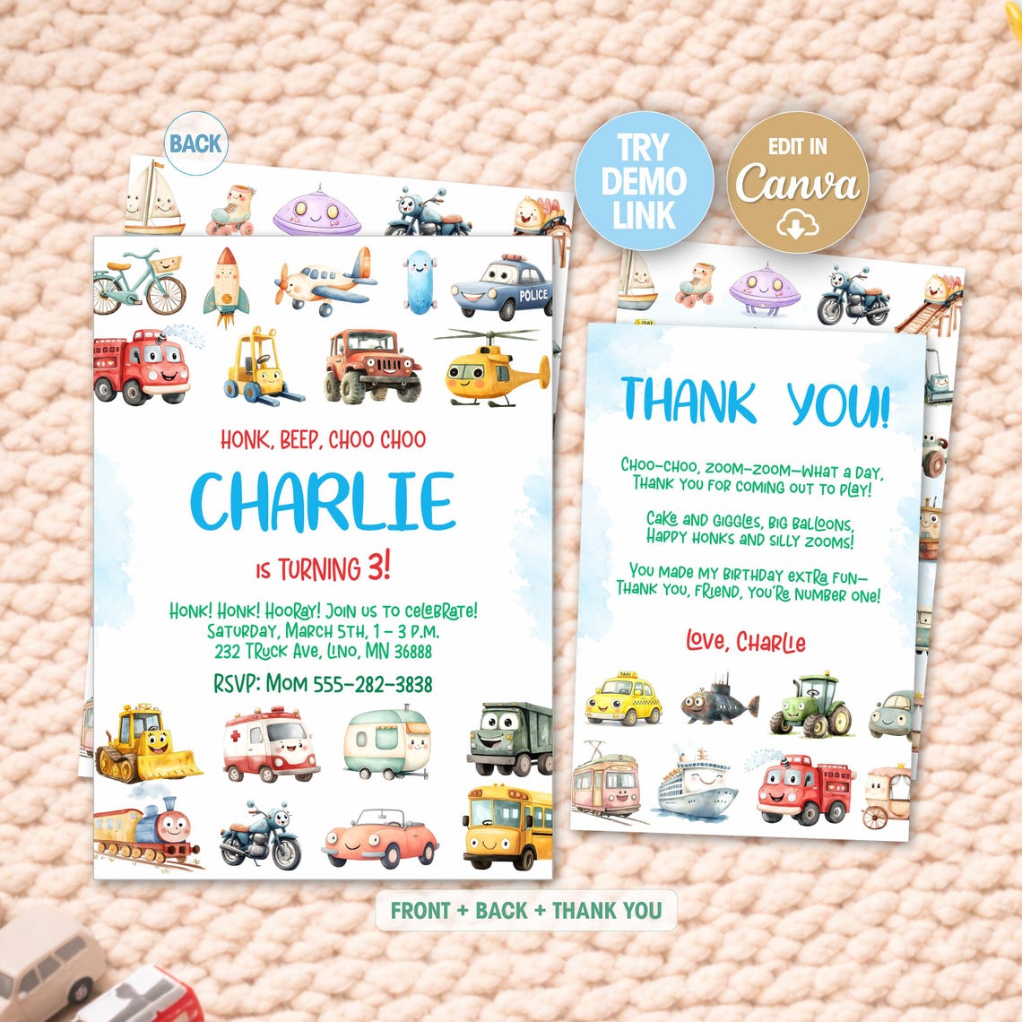 Honk, Beep, Choo Transportation Birthday Invitation | Canva Editable ...