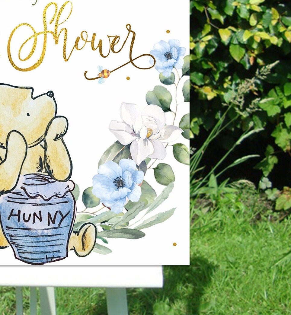 Winnie the Pooh Baby Shower Welcome Sign | Blue Floral Poster (digital ...