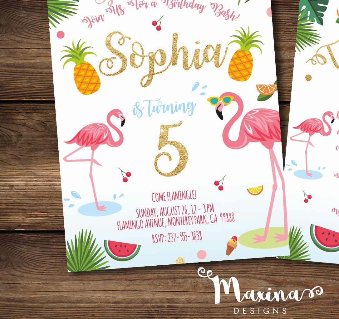 Flamingo Birthday Party Invitation Birthday Pool Party Invite | Etsy