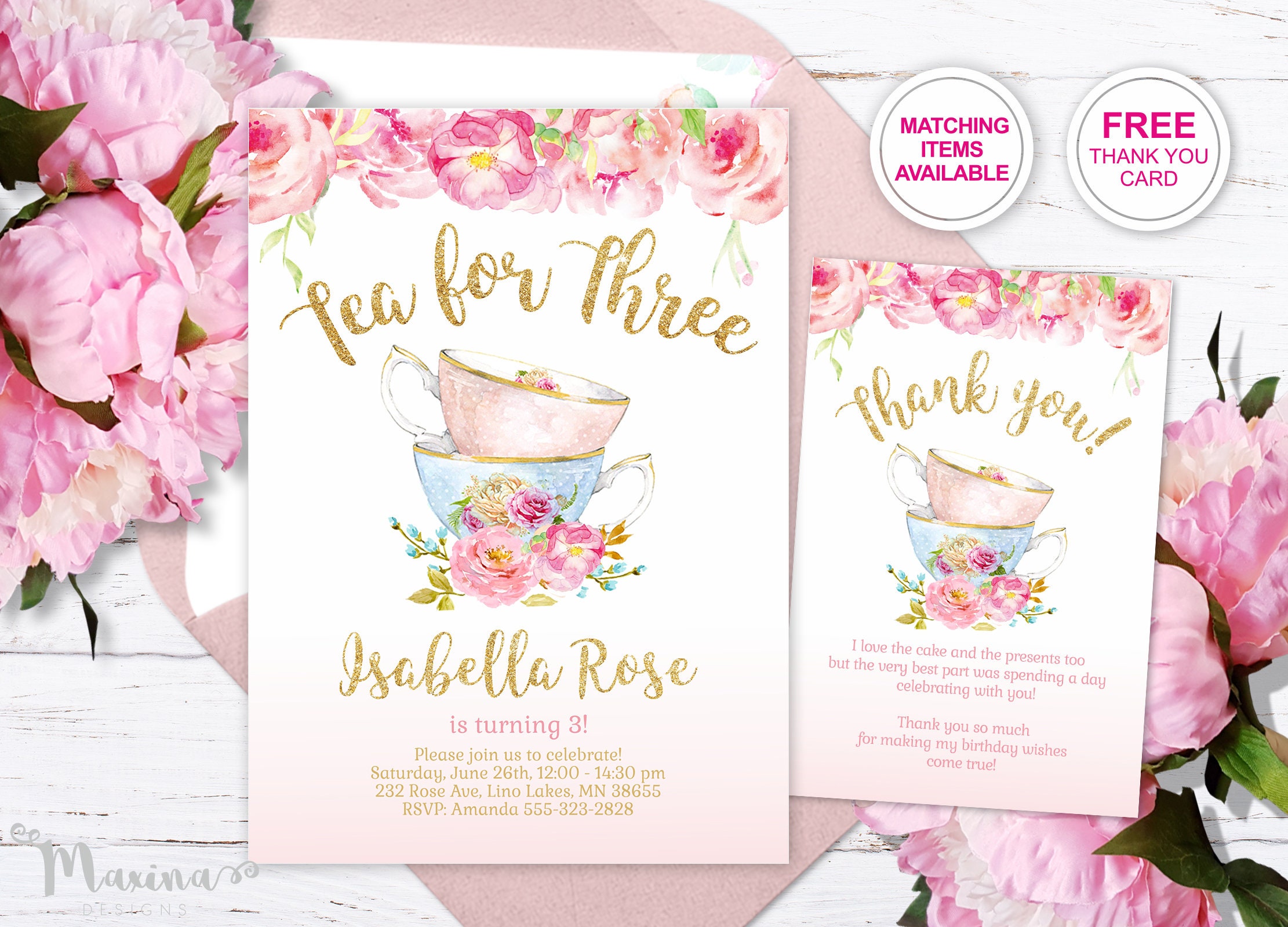 TEA for THREE Invitation Tea 3RD Birthday Invite Par-tea - Etsy UK