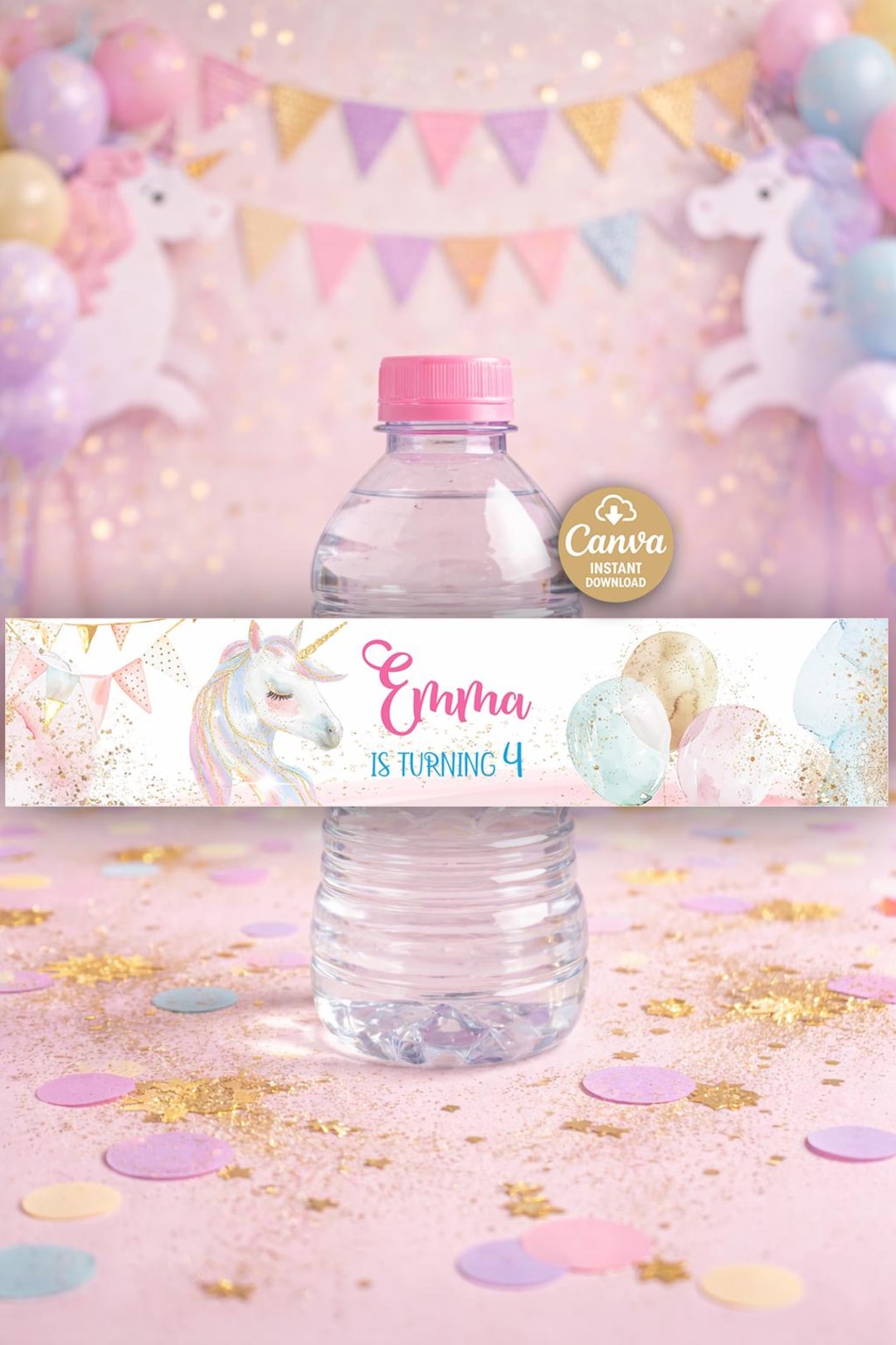 Unicorn Water Bottle Labels | Canva Editable Wrap Template | Birthday ...