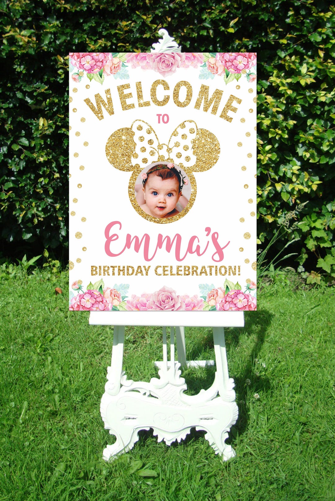 Minnie Mouse Birthday Welcome Sign, Floral Decoration (digital Download ...