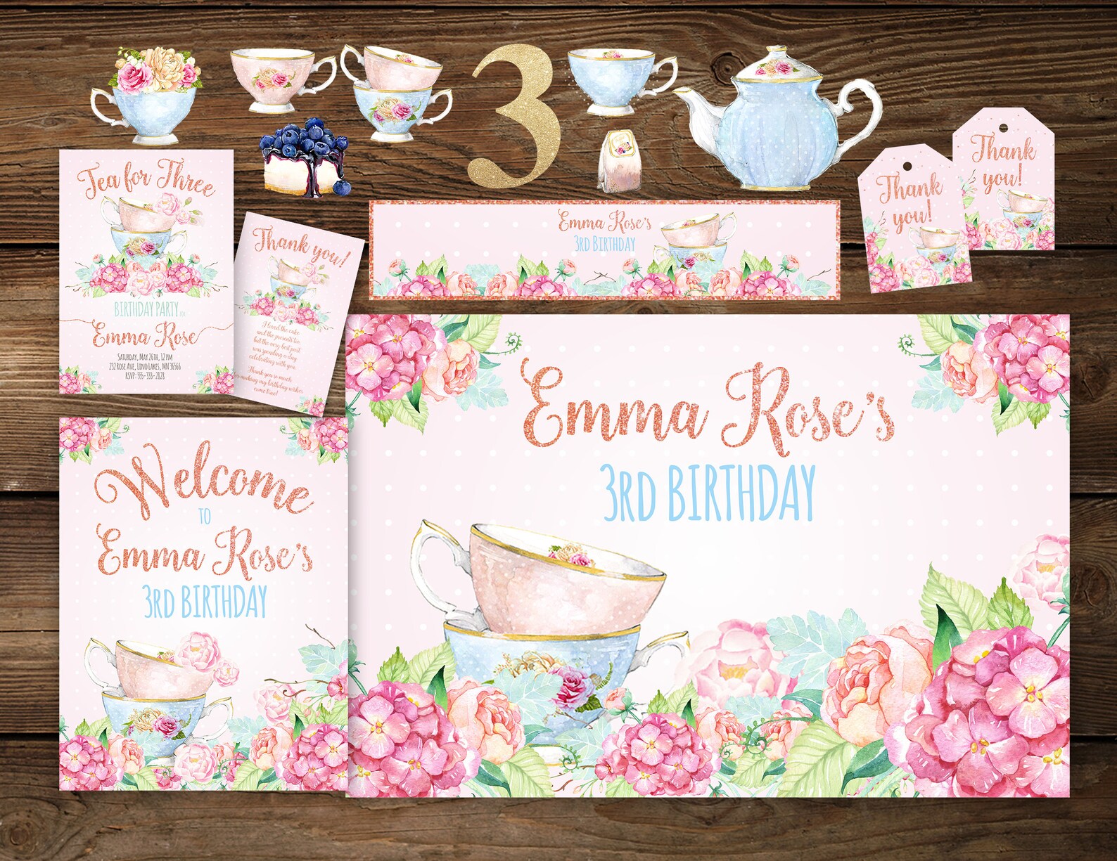Tea for Three Birthday Invitation | 3rd Birthday Tea Party Invite Girl ...