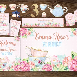 Tea for Three Birthday Invitation | 3rd Birthday Tea Party Invite Girl ...